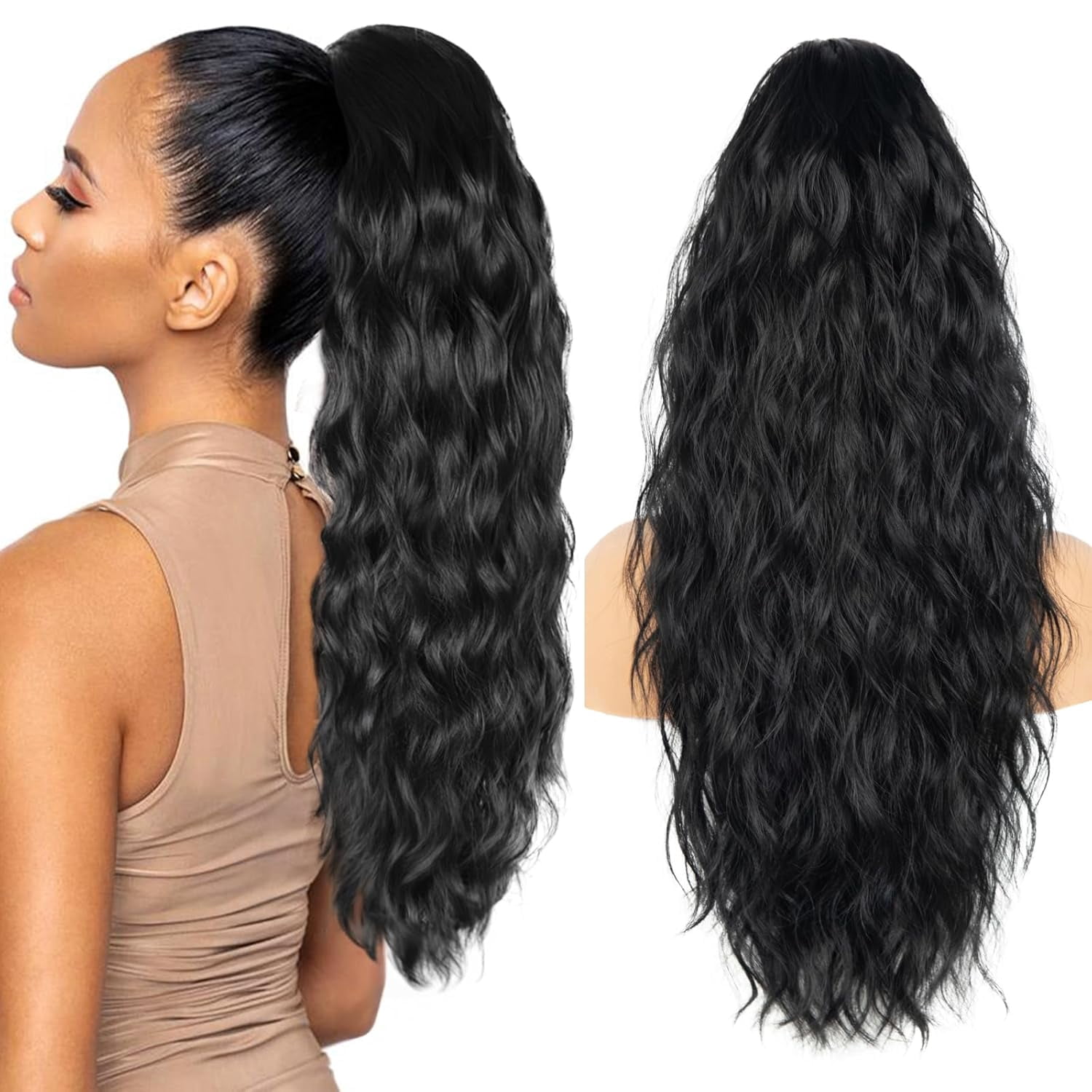 26 inch Black Ponytail Extension, Drawstring Ponytail for Women, Long ...