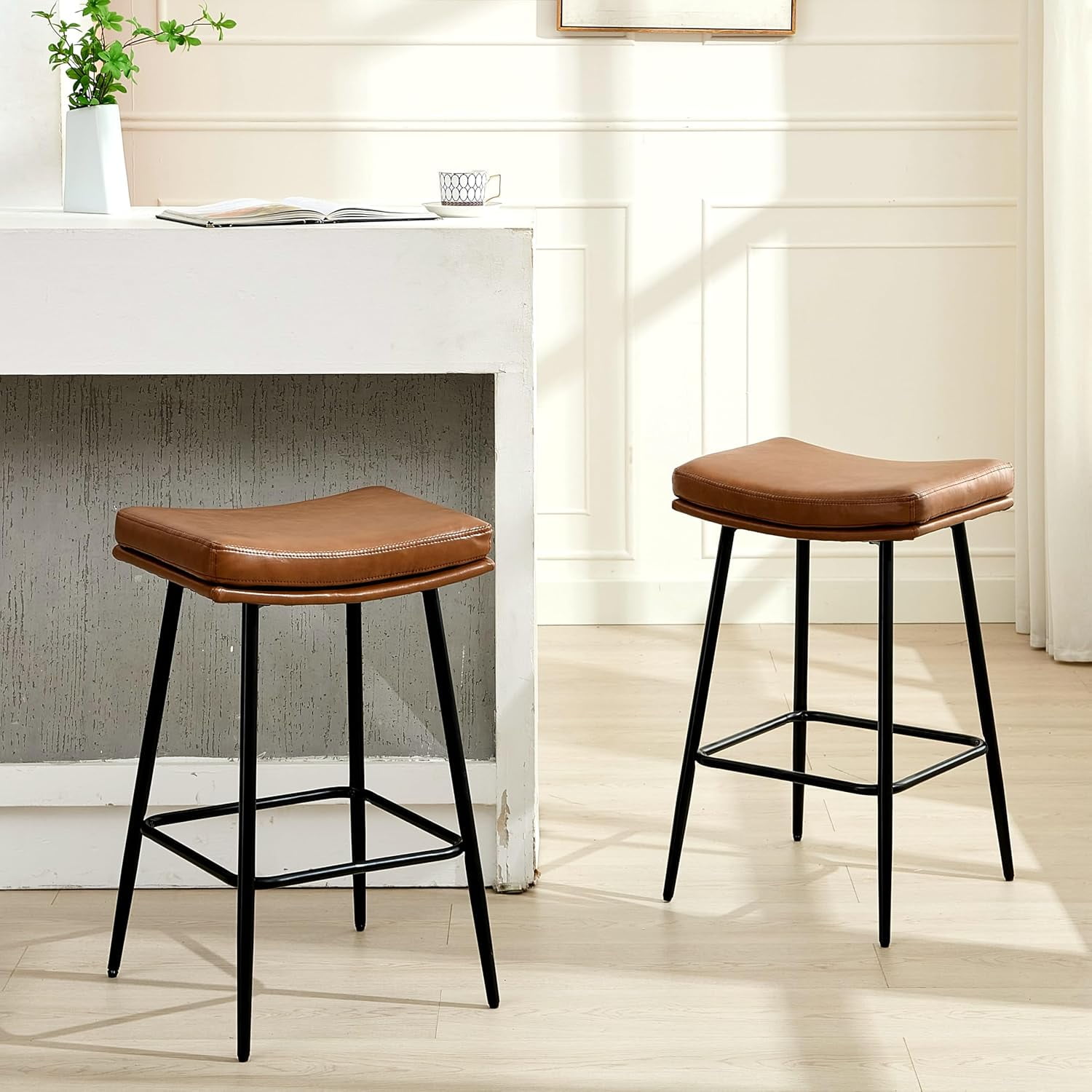 26 inch Counter Height Brown Leather Bar Stools Set of 2, Backless ...