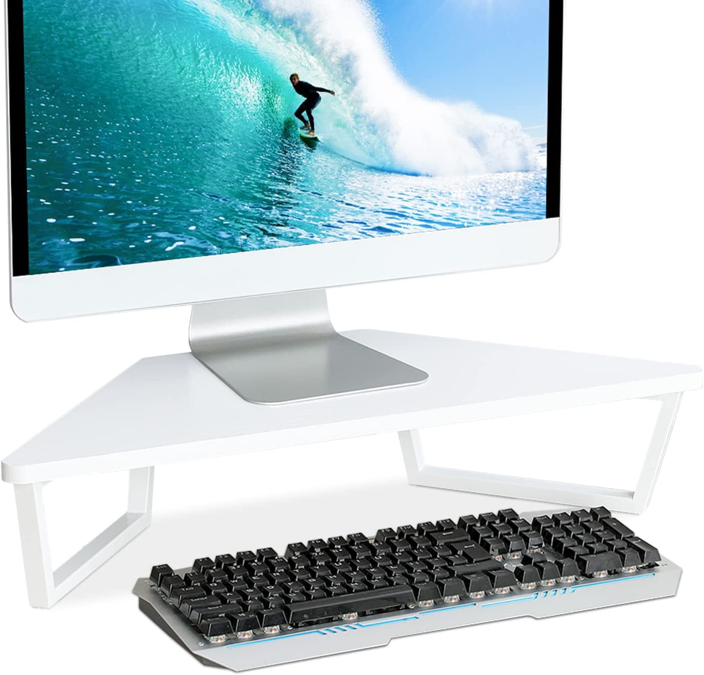 26 inch White Triangle Monitor Stand Riser, Desktop Corner Shelf with ...