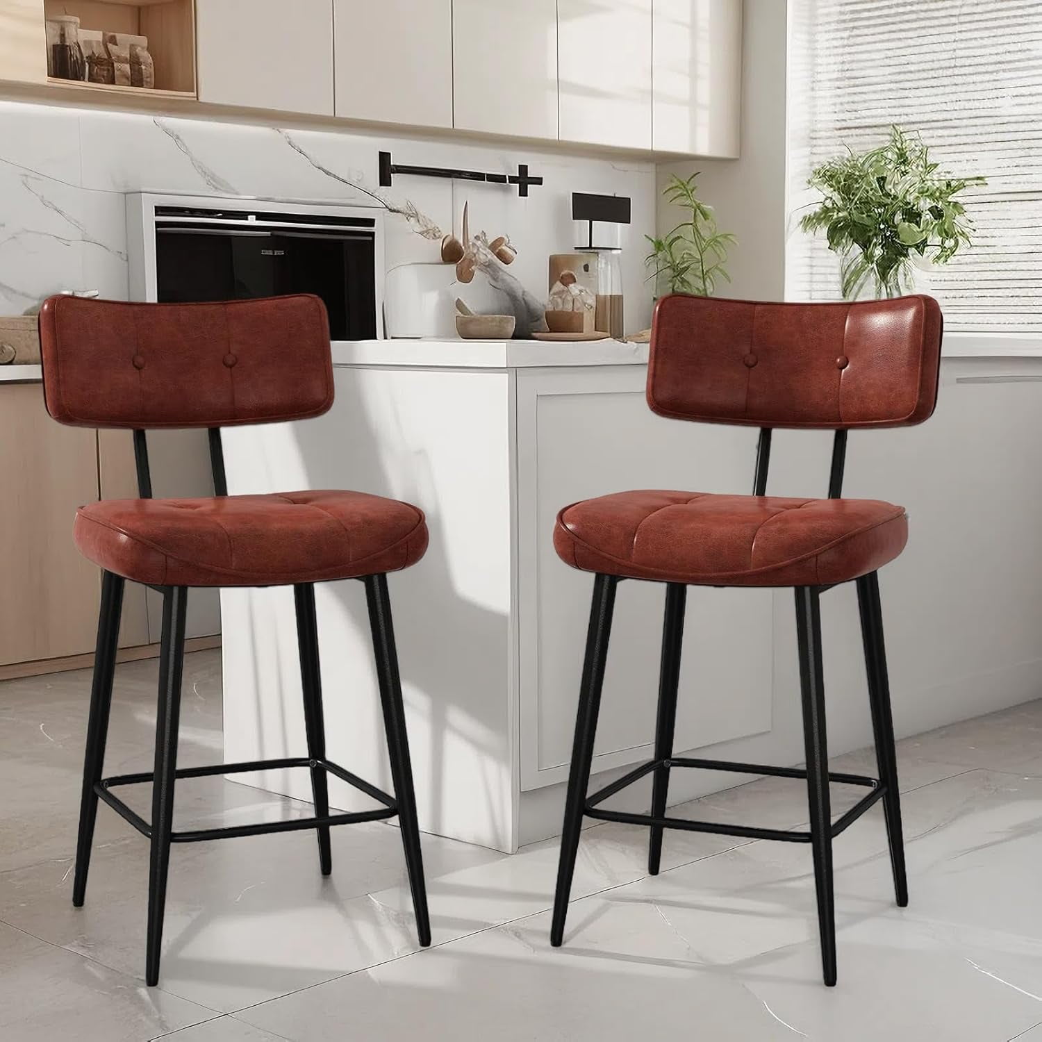 26 inches Counter Height Bar Stools with Back, Leather Counter Stool ...