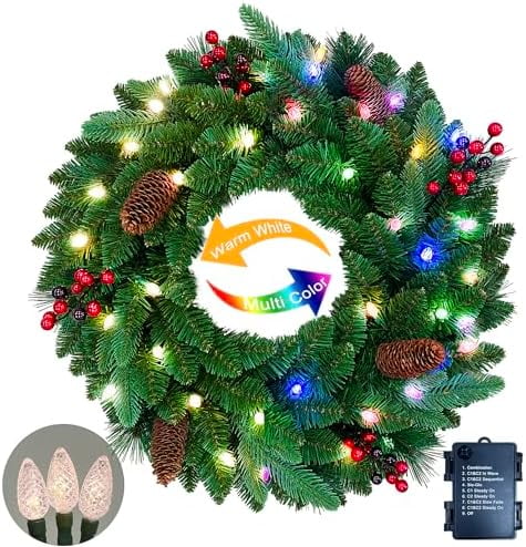 26 inches Pre-lit Artificial Christmas Wreath with Red Berries, Pine ...