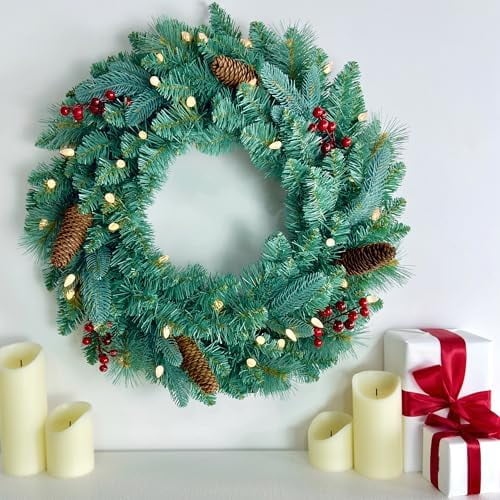 26 inches Pre-lit Blue Spruce Artificial Christmas Wreath with Red ...