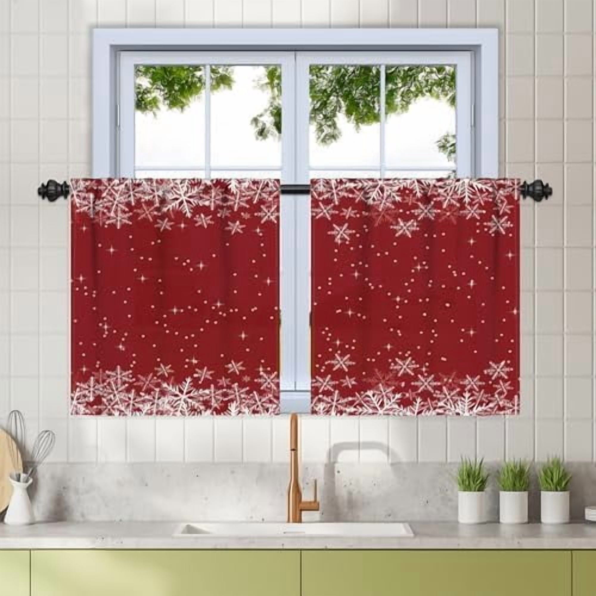 26 x 36 Inch Red Christmas Snowflake Kitchen Window Curtains Linen Half ...