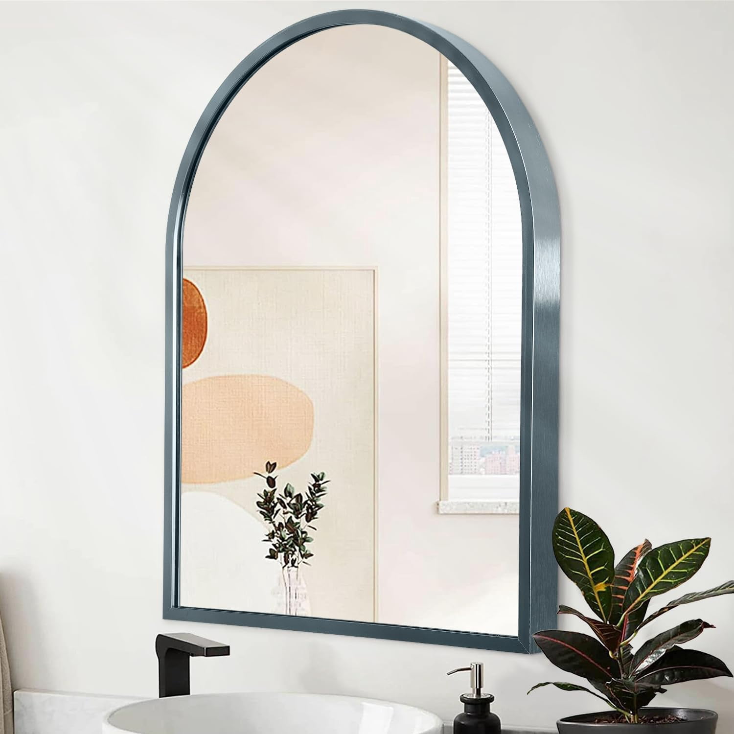 26"x18" Arch Bathroom Mirror with Large Metal Frame, Wall Mounted Blue ...