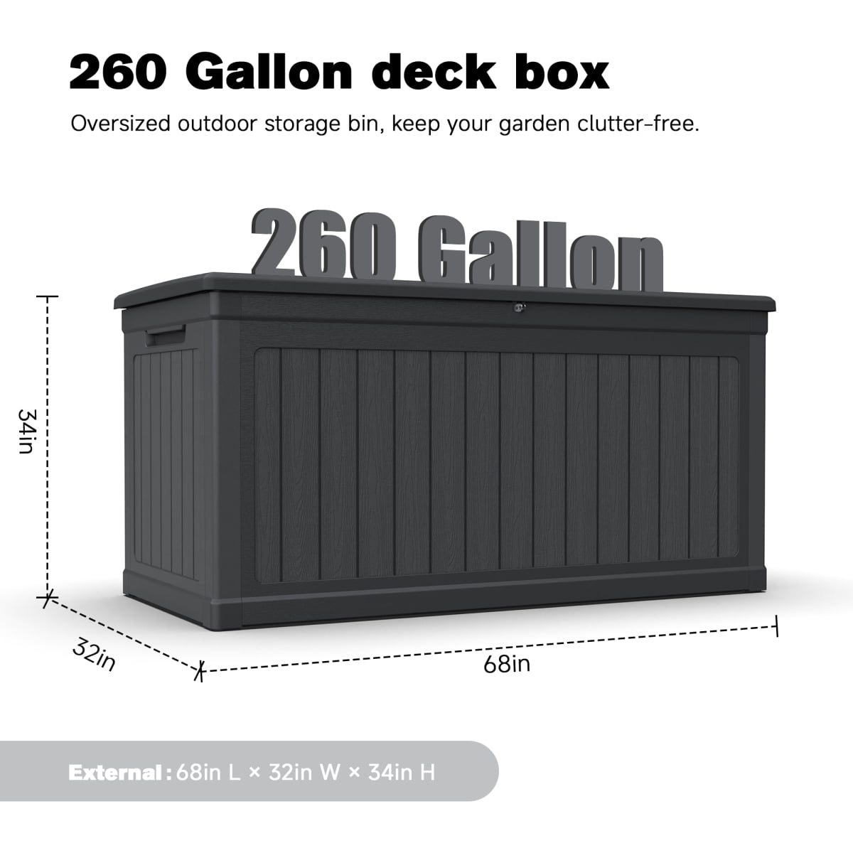 260 Gallon Large Outdoor Storage Deck Box, Waterproof Resin Lockable ...