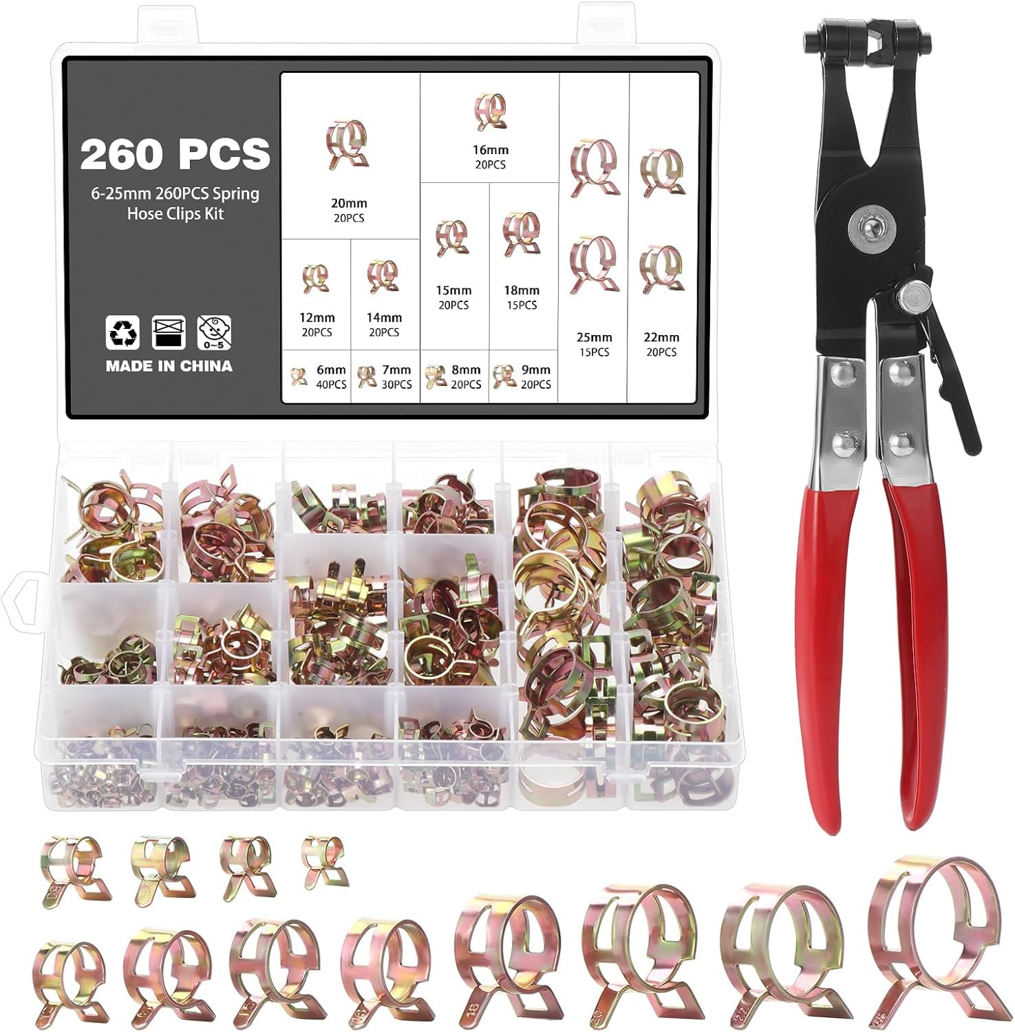 260 PCS 12 Sizes 6-25mm Fuel Line Spring Hose Clamps, Spring Band Type ...