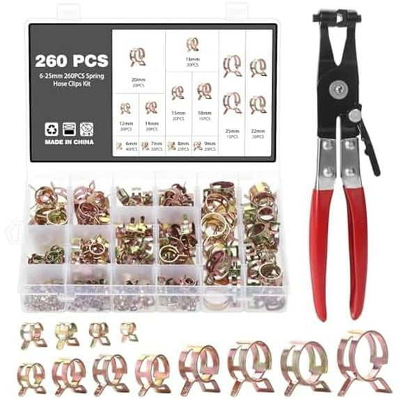 260 PCS 12 Sizes 6-25mm Fuel Line Spring Hose Clamps, Spring Band Type ...