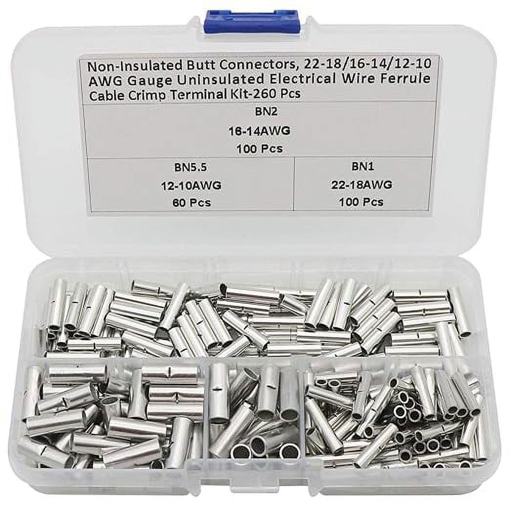 260 Pcs Non Insulated Butt Connectors 22-18/16-14/12-10 AWG Gauge ...