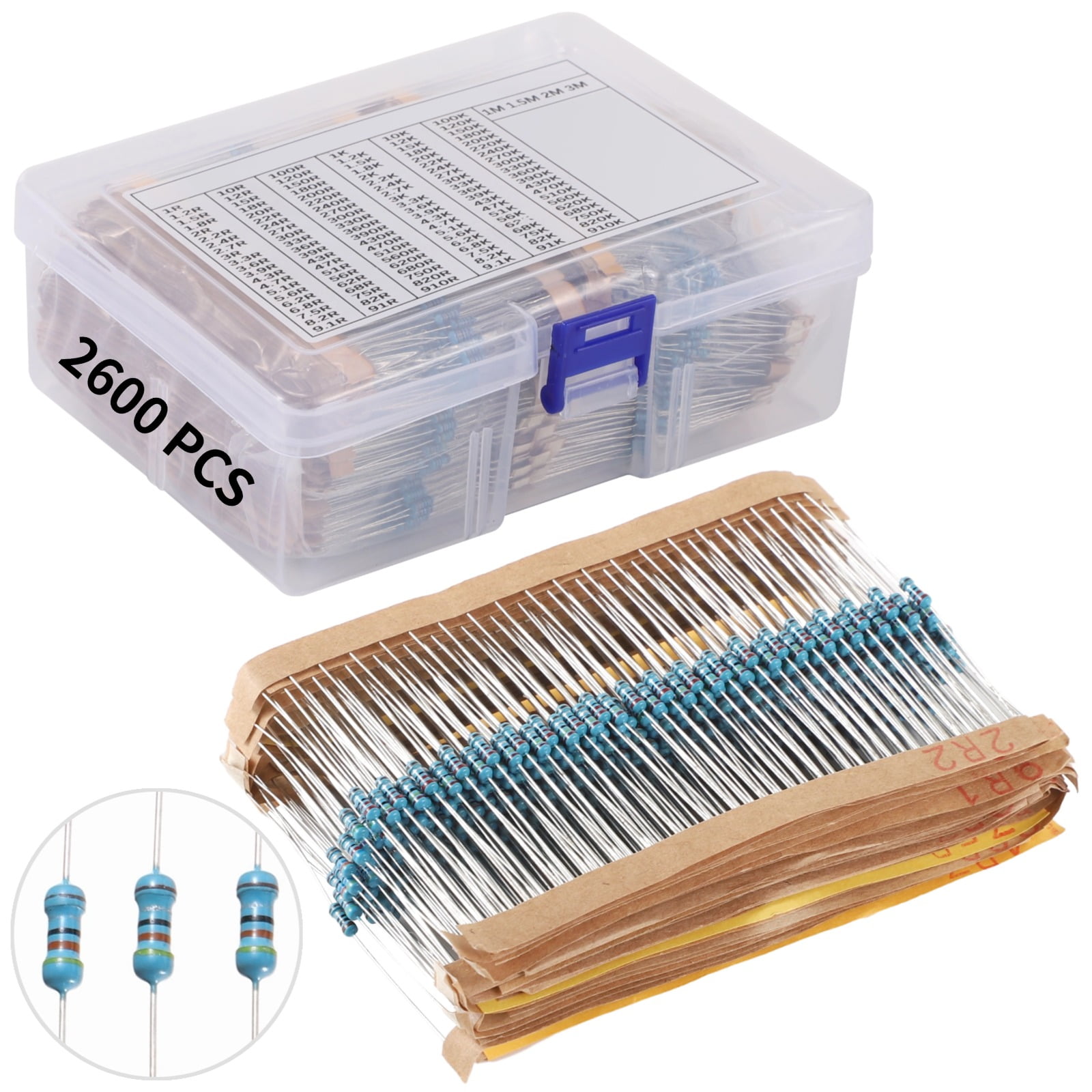 2600 PCS Resistor Kit, 1 Ohm-3M Ohm Resistor Assortment Kit, 1/4W Metal ...