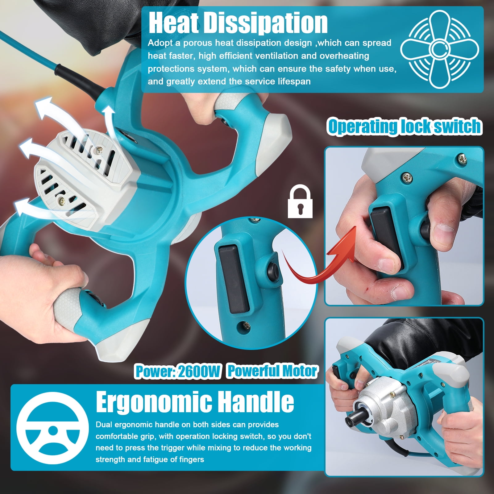 2600W Electric Concrete Mixer Portable Handheld Concrete Cement Mixer 6 Speeds Adjustable Mixing ...