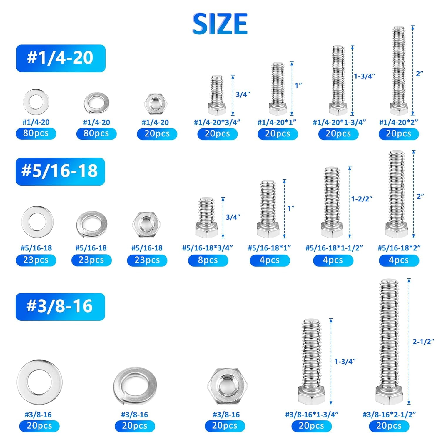 260PCS Hex Head Nuts and Bolts Assortment Kit, 1/4-20, 5/16-18, 3/8-16 ...
