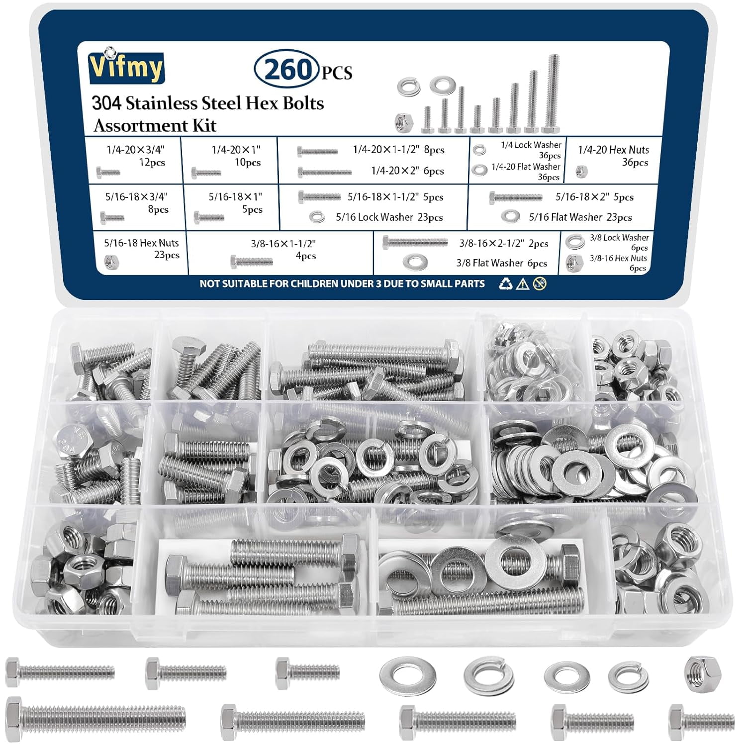 260Pcs Hex Bolts Assortment Kit with 1/4-20, 5/16-18, 3/8-16 Assorted ...