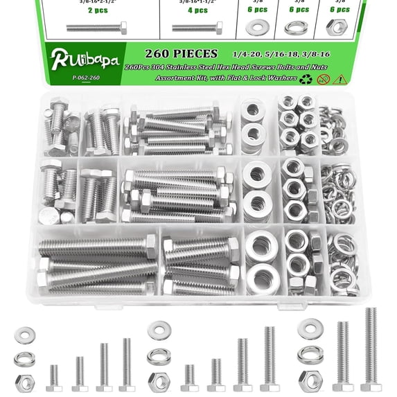260Pcs Stainless Steel Hex Head Screws Bolts and Nuts Assortment Kit ...