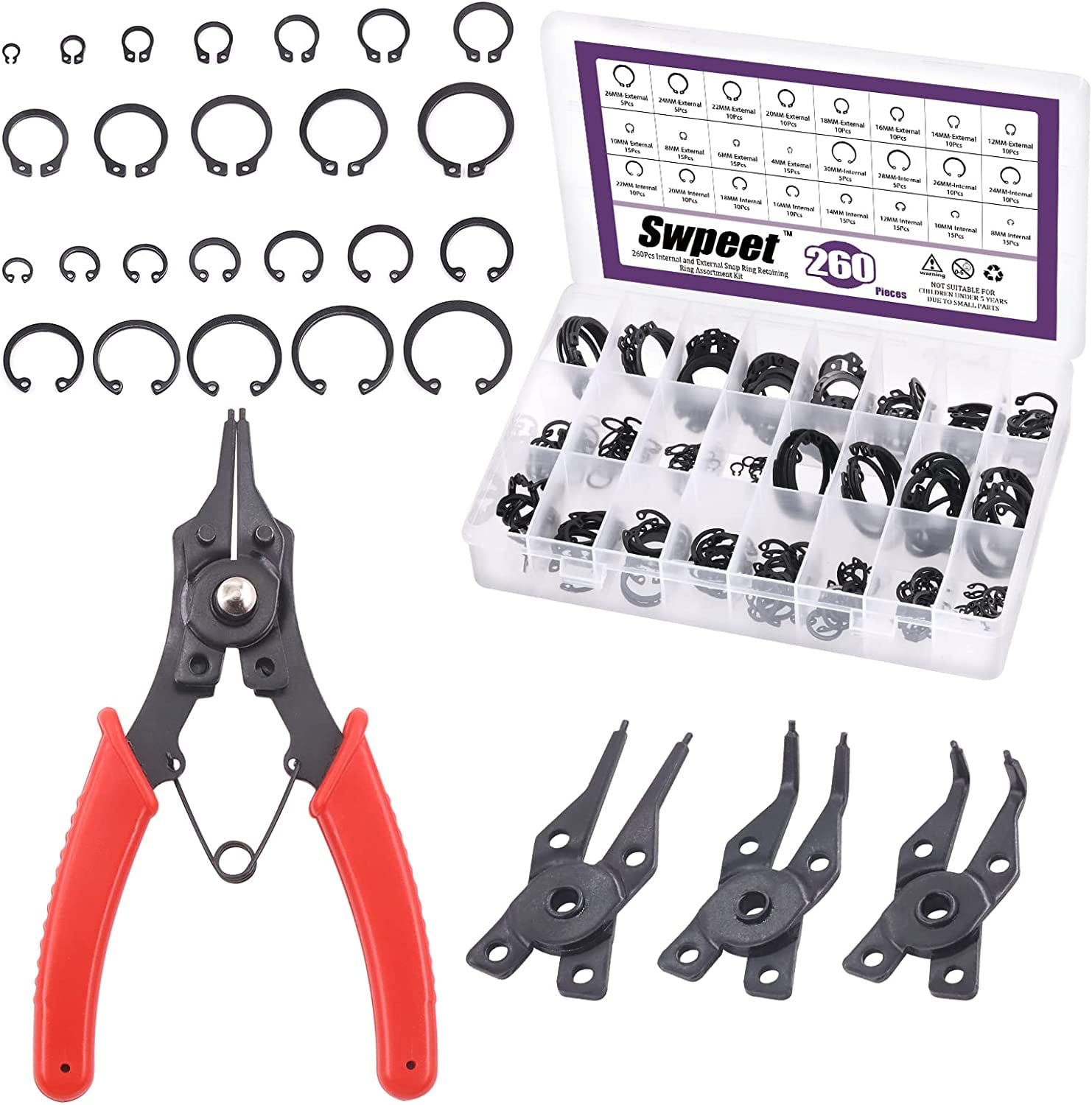 262Pcs 4 in 1 Snap Ring Pliers with 6 Sizes 4mm to 30mm Alloy Steel ...