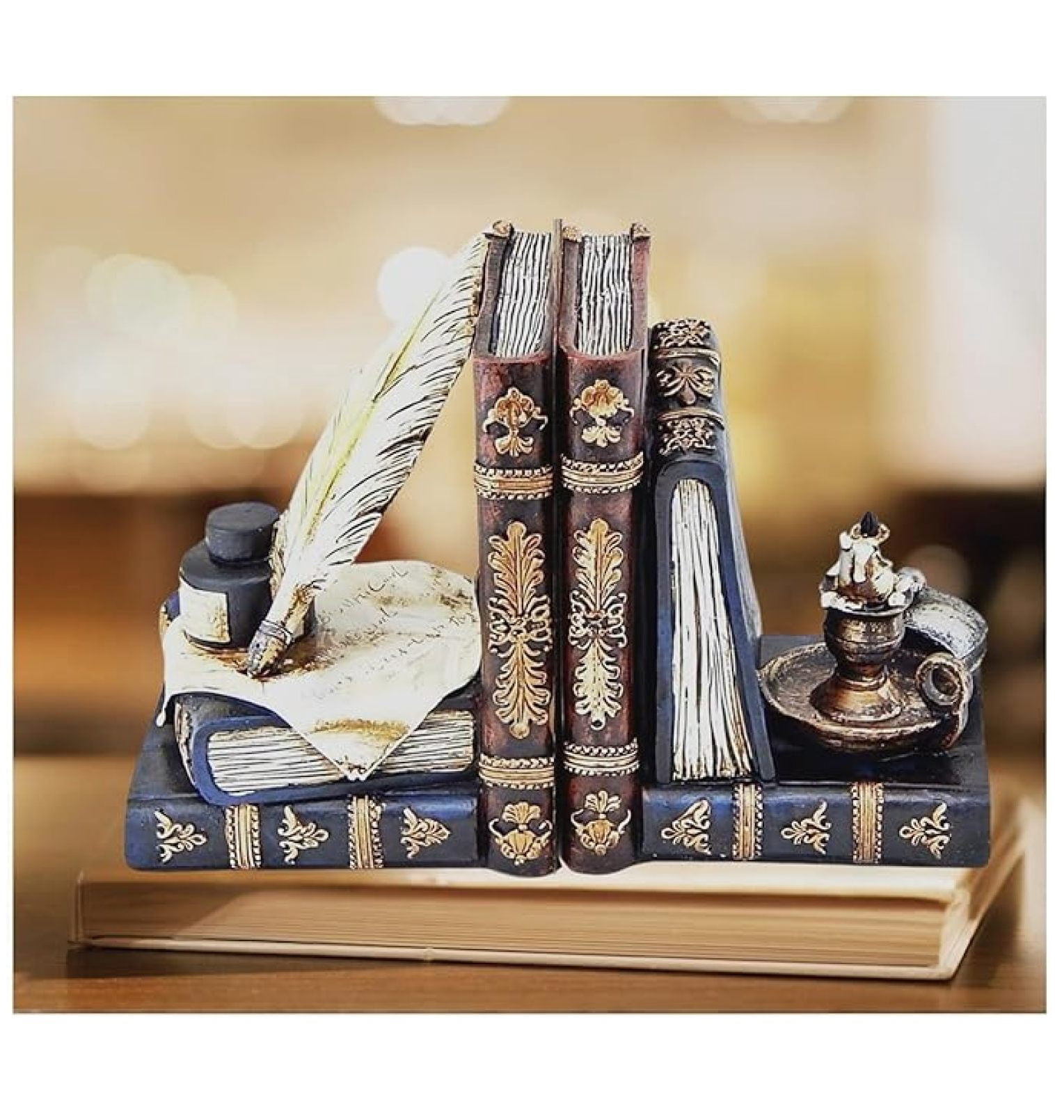 26324 Vintage Bookends Quill Pen and Bottle with Oil Lamp Antique Style ...