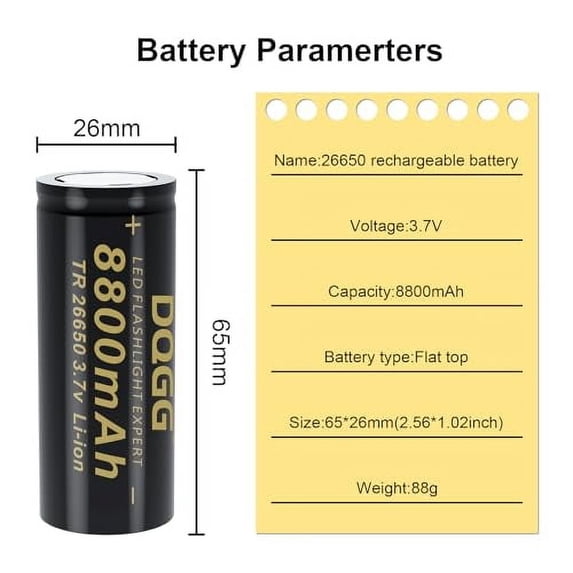 26650 Rechargeable Battery 3.7V Lithium 2 Pack Flat Top 8800mAh Large ...