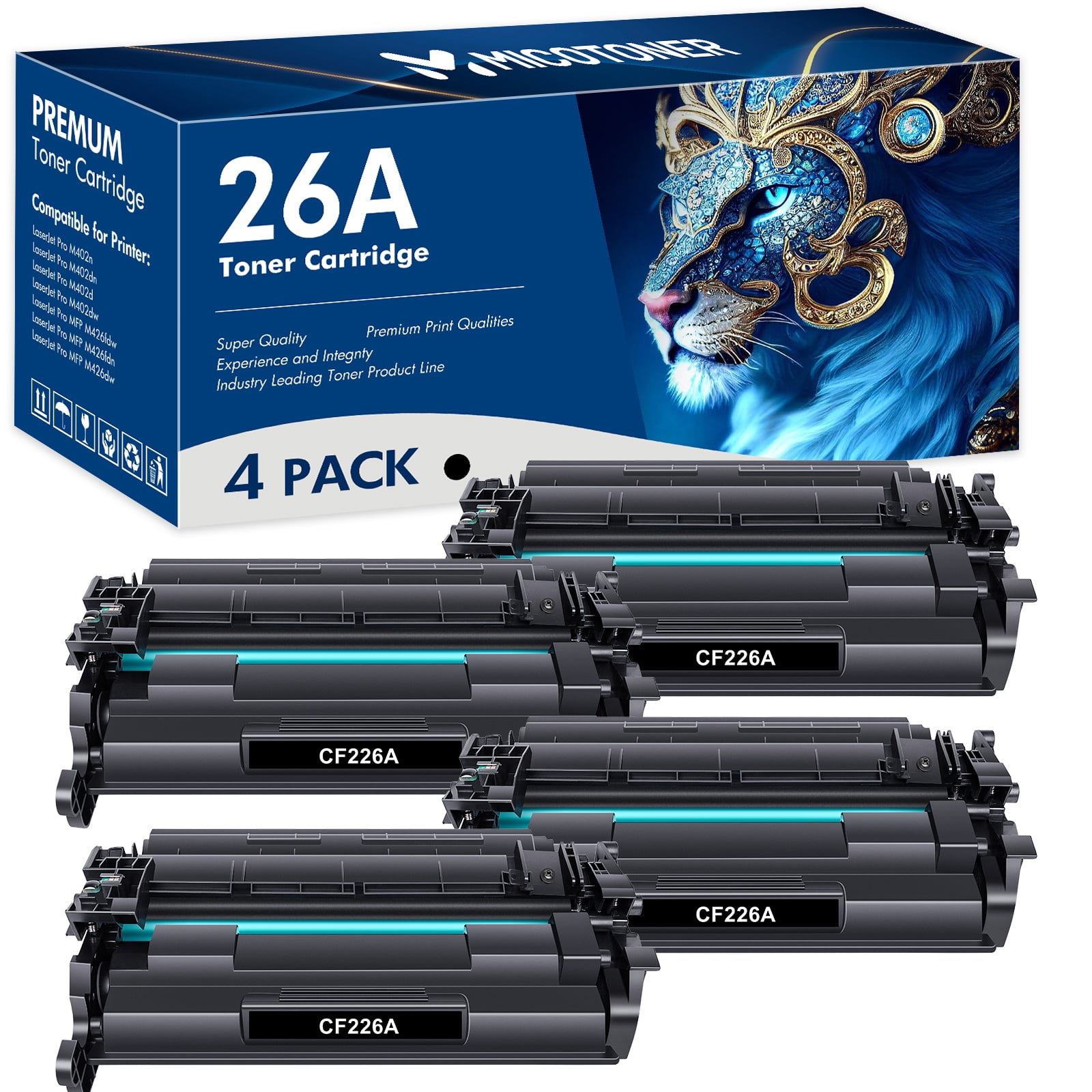 26A Black Toner Cartridge 4-Pack Compatible for HP 26A CF226A 26X ...