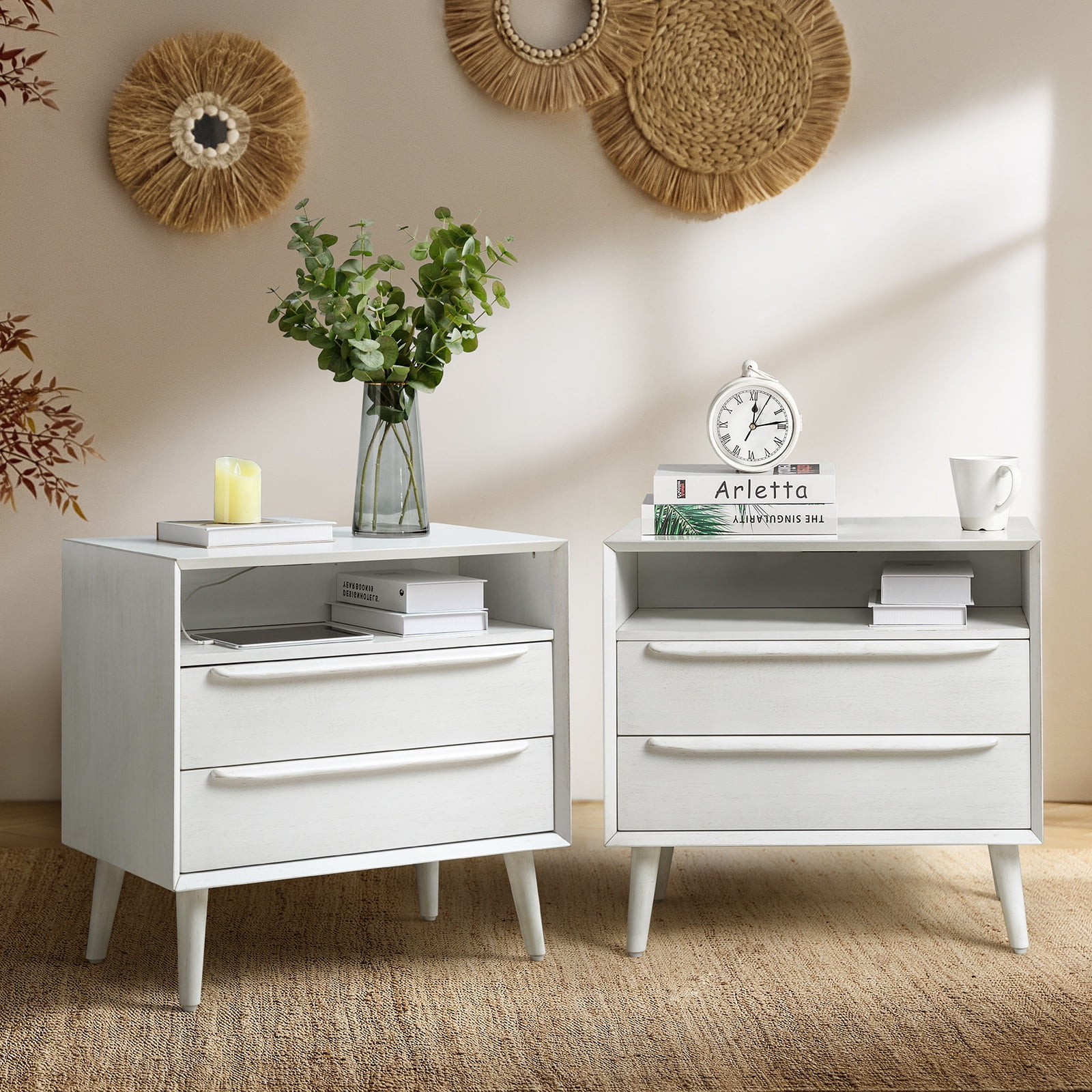 26" Tall 2-drawer White Nightstand Set of 2 with Charging Station ...