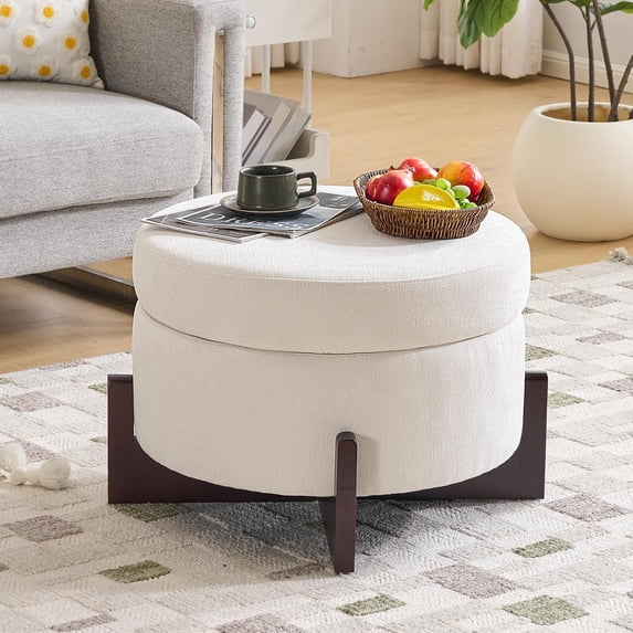 26Inch Round Storage Ottoman, Modern Chenille Upholstered Ottoman with ...