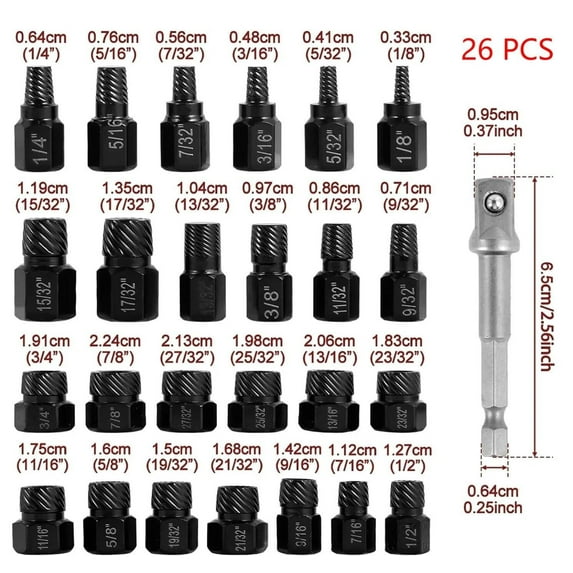 26Pc Screw Extractor Set Hex Head Multi-Spline Damaged Bolt Nut Remover ...