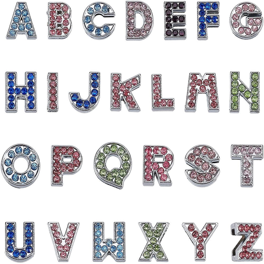 26Pcs 26 Style Alloy Rhinestone Slide Charms Alphabet Letter A~Z Mixed ...