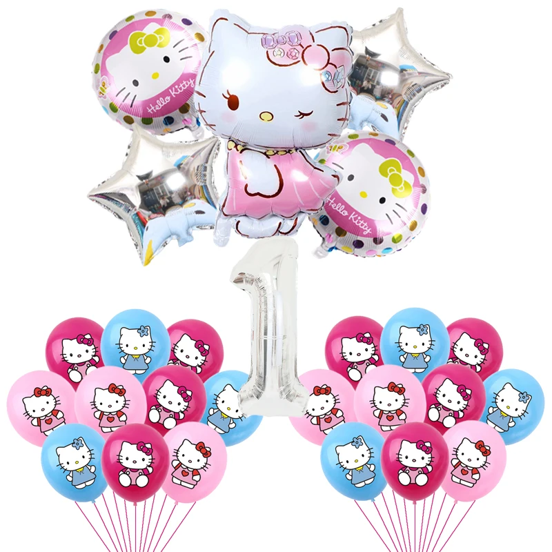 26Pcs Cartoon Hello Kitty Foil latex Number Balloons set cat Balloons ...