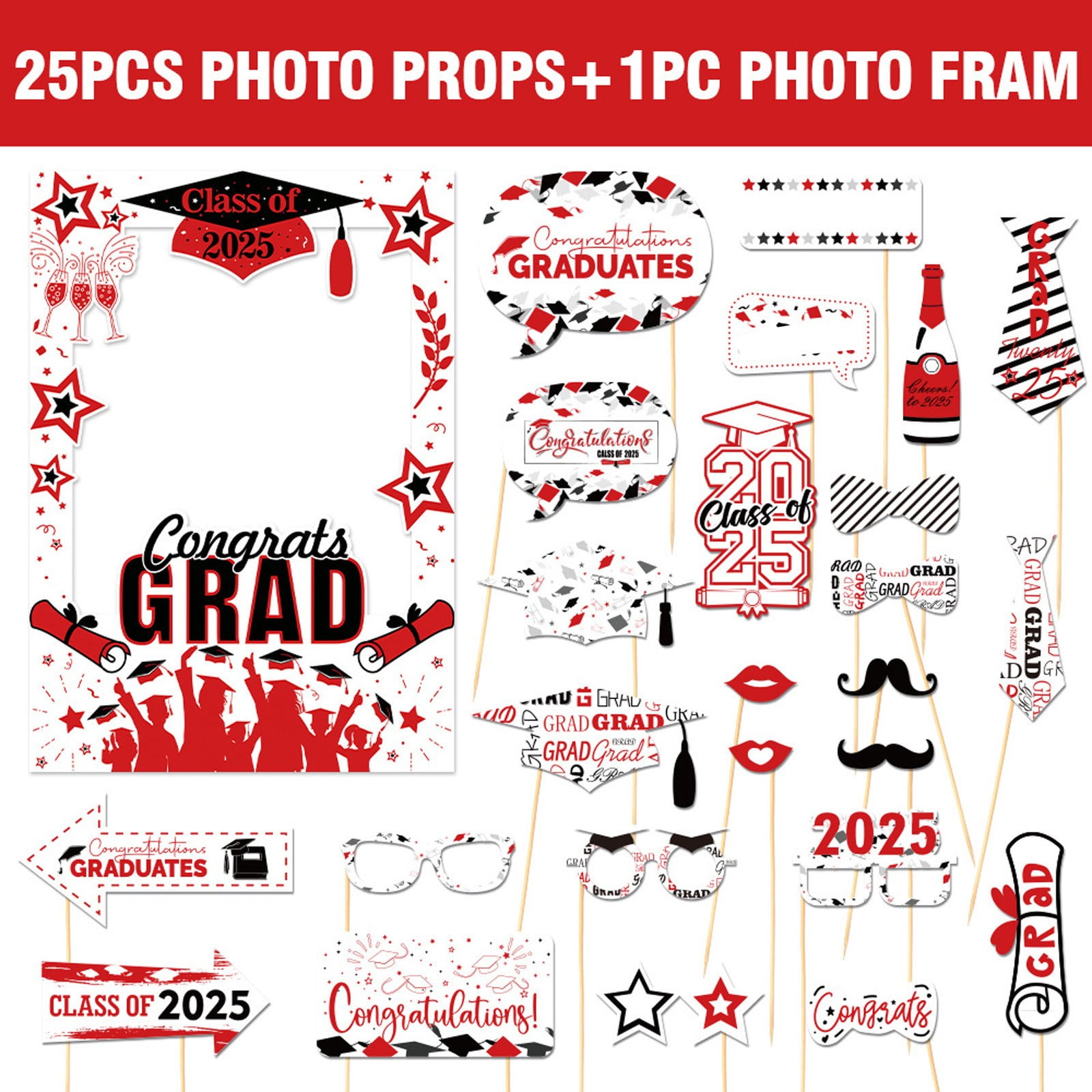 26Pcs Graduation Photo Booth Props – Red Class of 2025 Congrats Grad ...