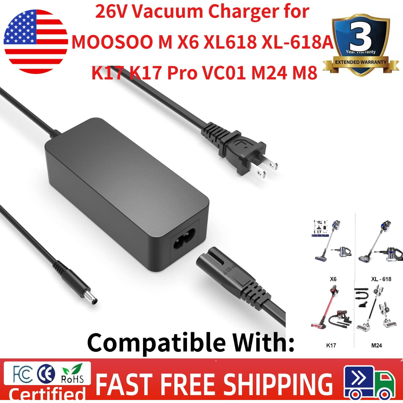 26V Vacuum Charger for MOOSOO M X6 XL618 XL-618A K17 K17 Pro VC01 M24 M8 - Walmart.com