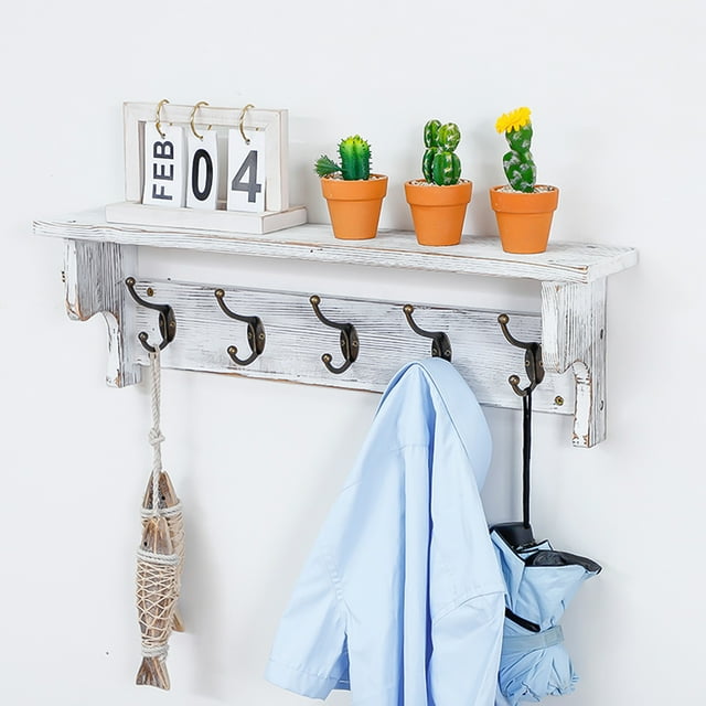 26in Coat Hooks Wall Mount with Shelf Rustic Wood Coat Rack with 5 Dual ...
