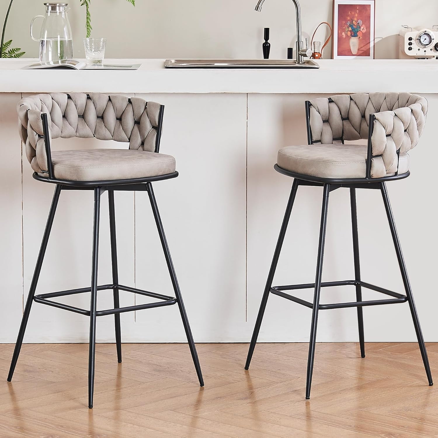 26inch Bar Stools Set of 2,360° Swivel Counter Height Bar Stools, Suede ...