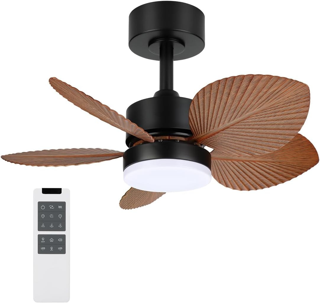 26inch Ceiling Fan with LED Light, Small Tropical Fans Featuring 5 Palm ...