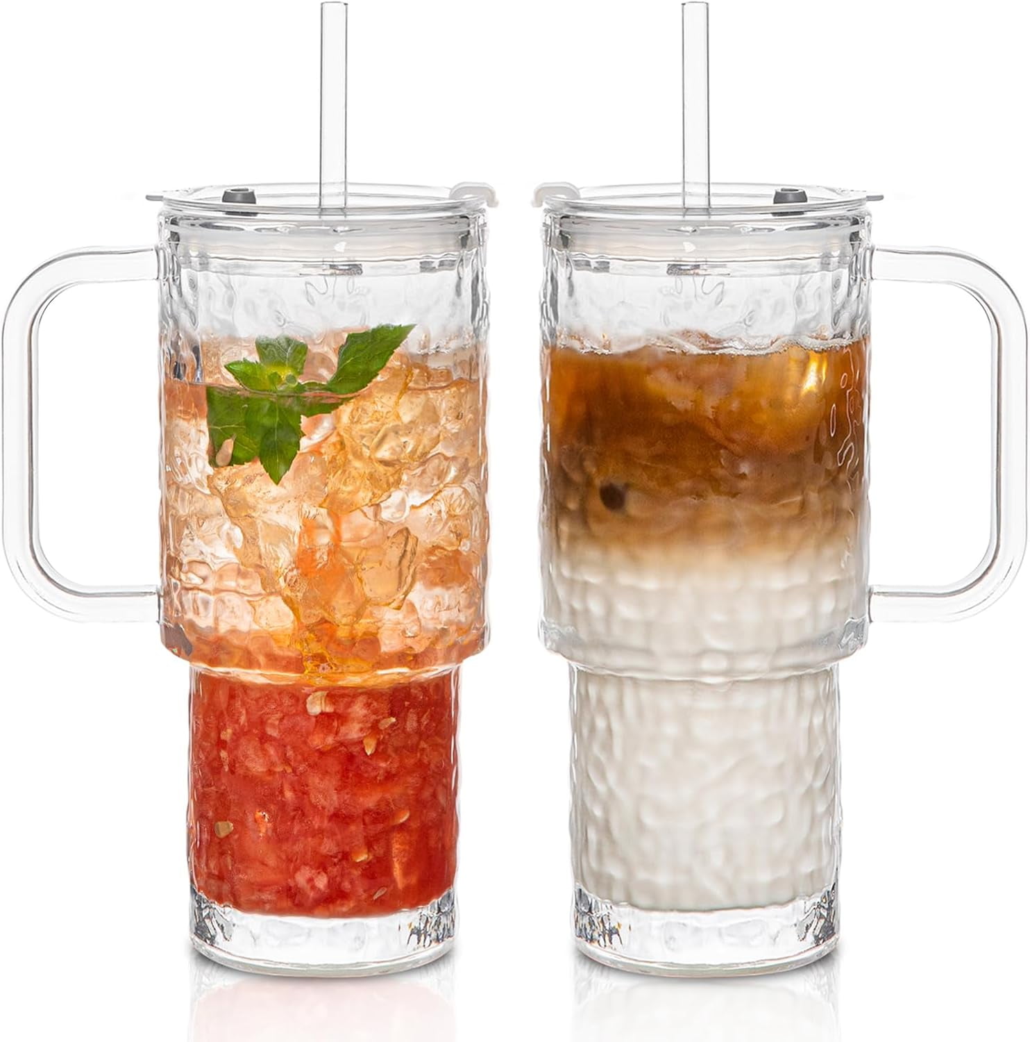 26oz Water Ripple Glass Tumbler with Handle & Lid, Reusable Iced Coffee ...