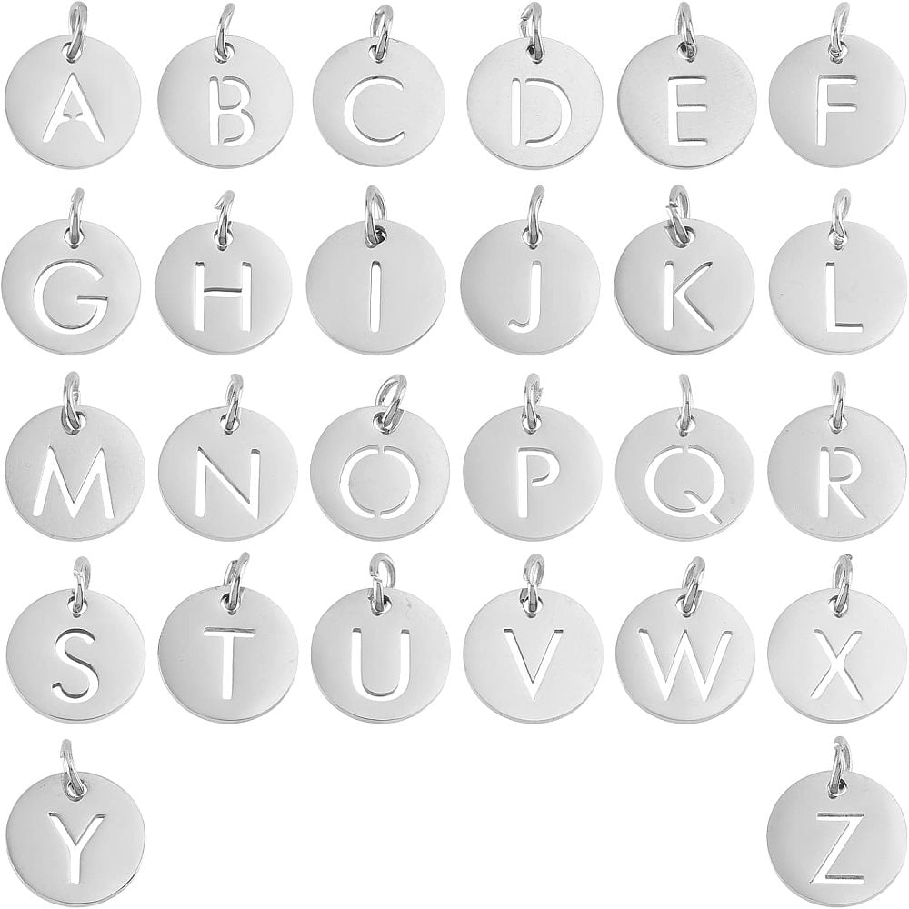 26pcs Flat Round with Letter Pendants 304 Stainless Steel Charms Letter ...