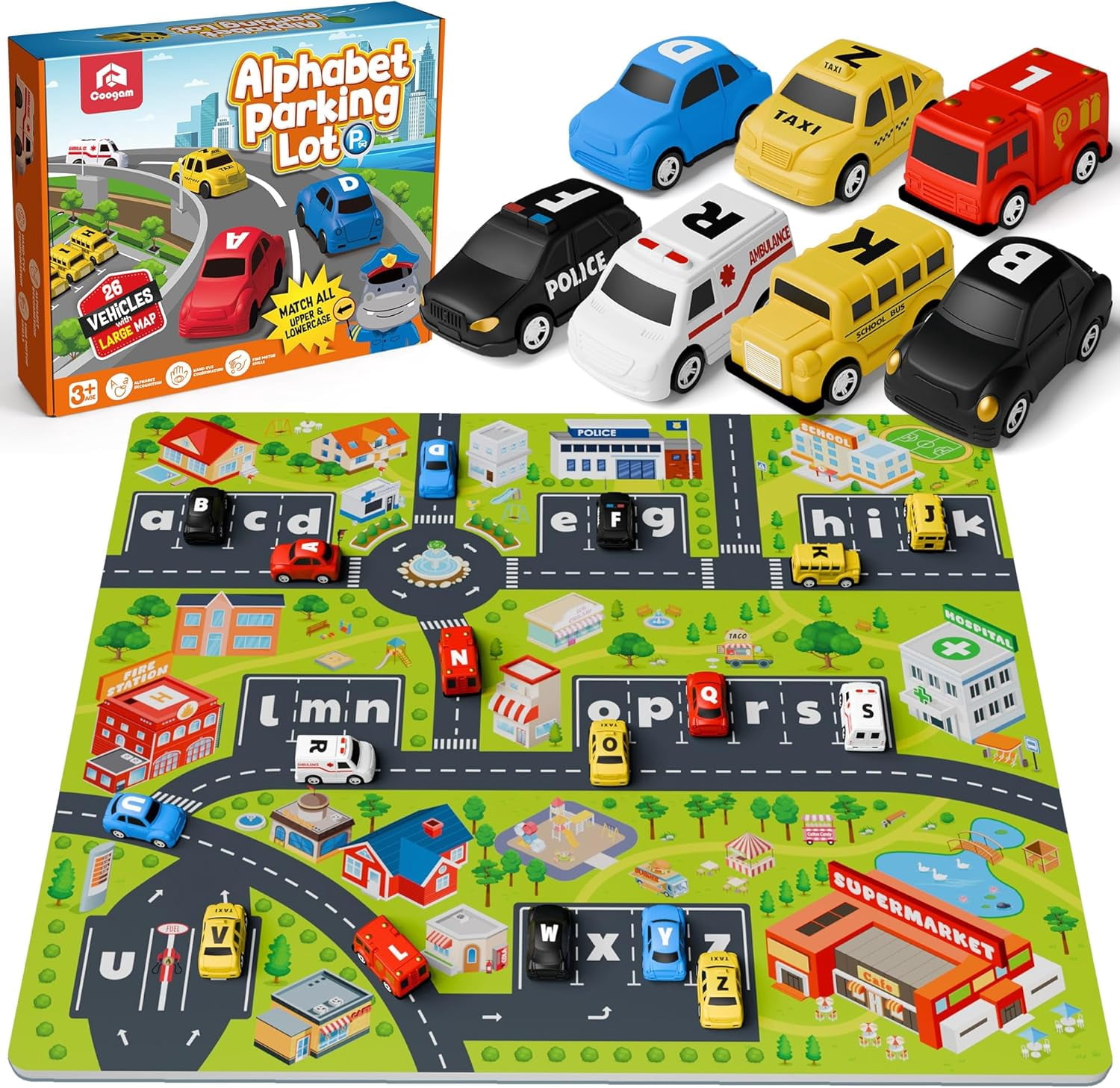 26pcs Pull Back Car with Play Mat Preschool Letter Matching Game for 3 ...