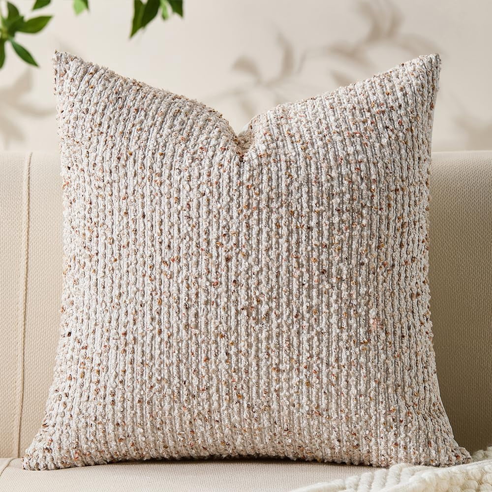26x26 Beige Striped Wool Throw Pillow Covers Soft Textured Boho Cushion ...