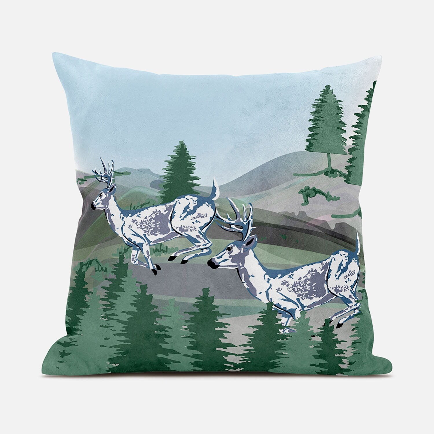26x26 Green Blue Deer Blown Seam Broadcloth Animal Print Throw Pillow ...