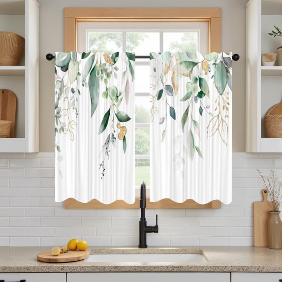 26x36Inch Sage Green Gold Eucalyptus Botanical Small Kitchen Curtain ...