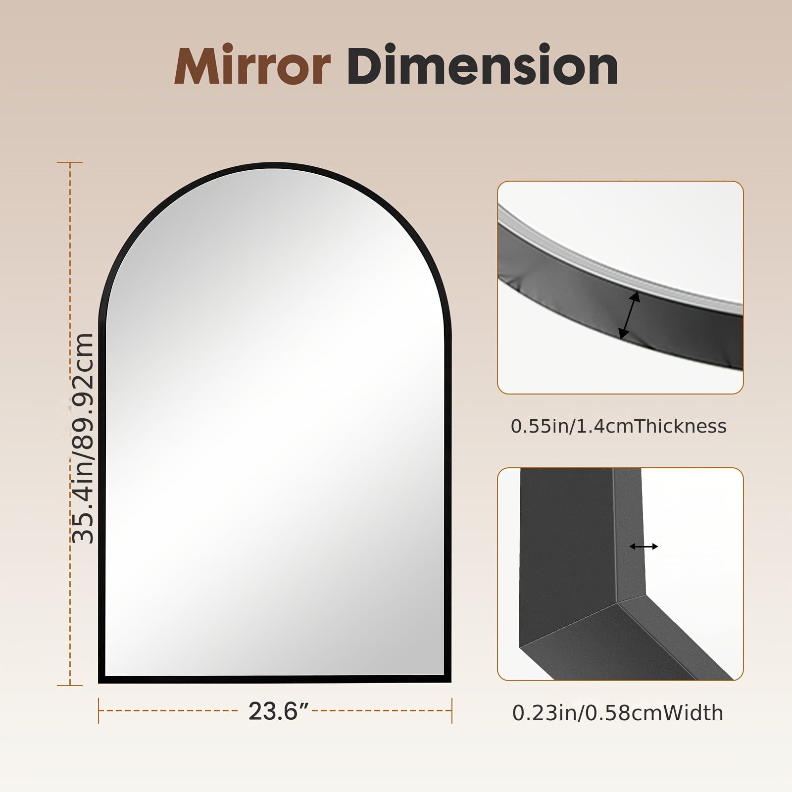 26x38 Inch Large Bathroom Mirror with Arched Top - Modern Matte Metal ...