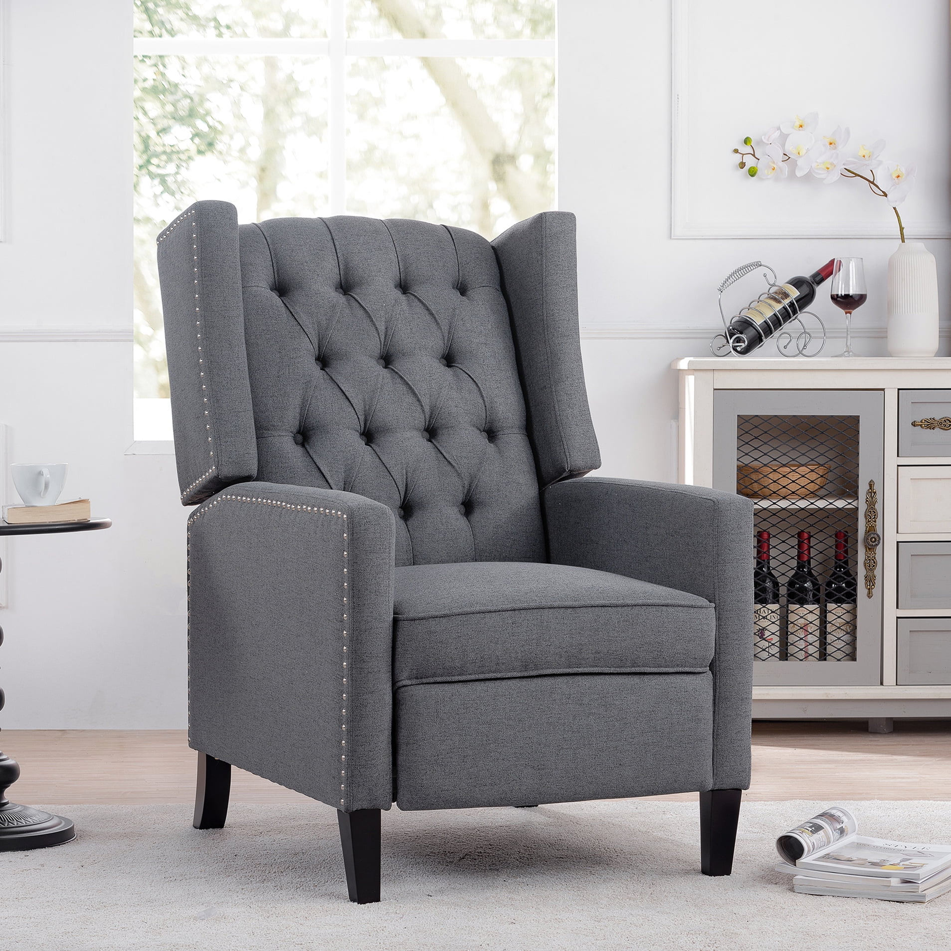27.02" Wide Wing Chair Recliner In Grey - Fade & Shrink Fabric, Deep ...