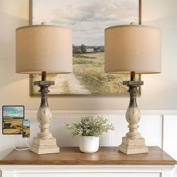 27" Farmhouse Table Lamps with USB-A +C Ports, Vintage Rustic Side ...