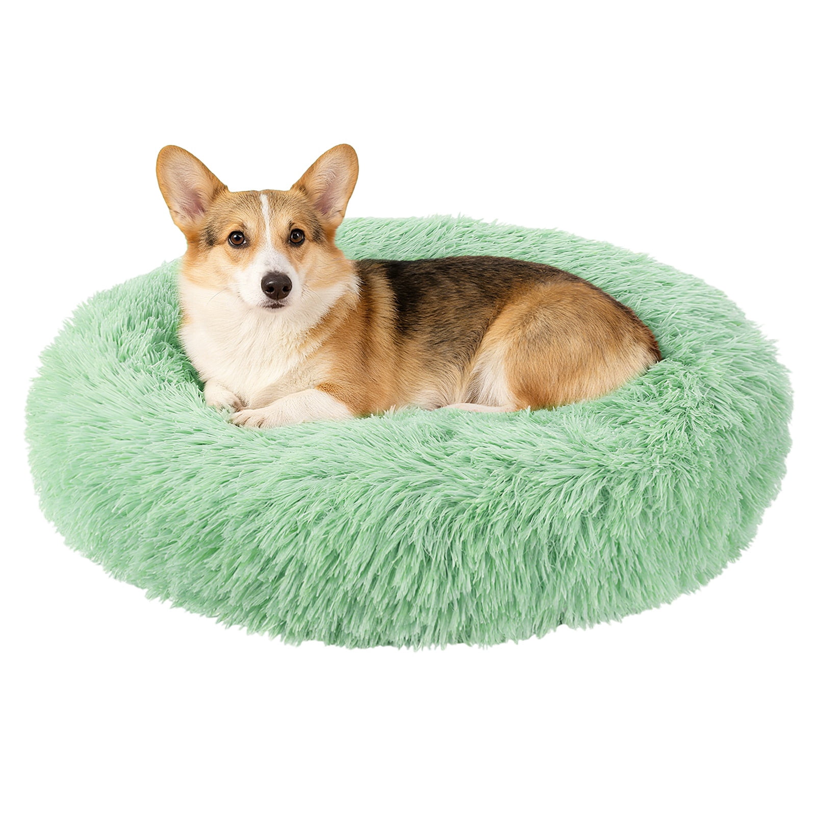 27.4 Inch (70cm) Cat Dog Bed Round Soft Fluffy Plush Pet Bed, Green ...
