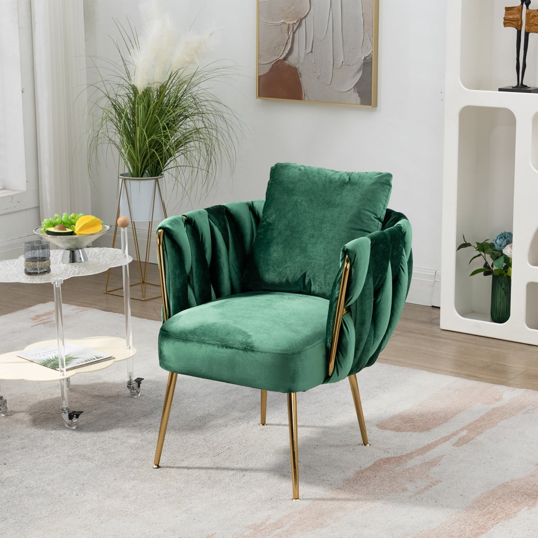 27.4" Wide Velvet Accent Chair, Handmade Weaving Upholstered Reading ...