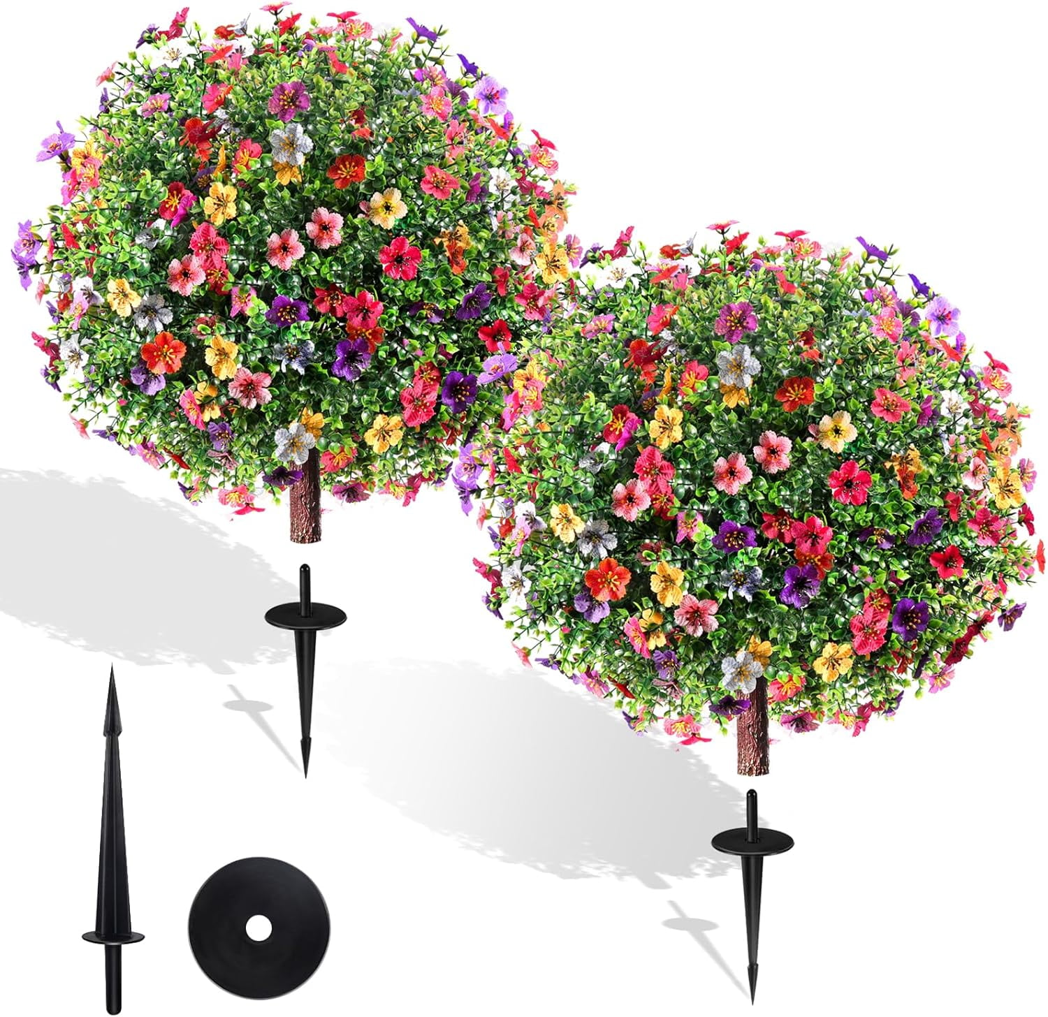 27.5" Artificial Boxwood Topiary Ball Trees with Colorful Flowers, Set ...