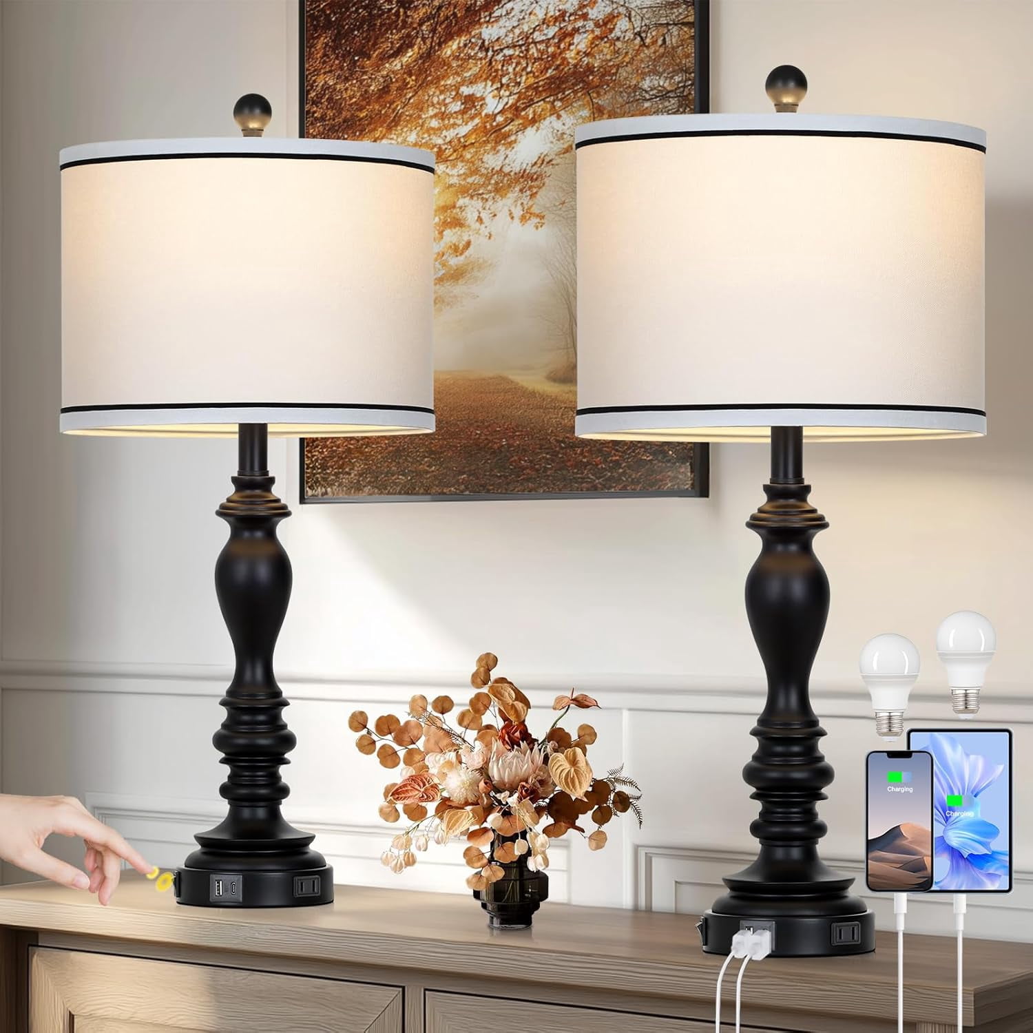 27.5" Black Farmhouse Table Lamps Set of 2 with USB C+A Ports & AC ...