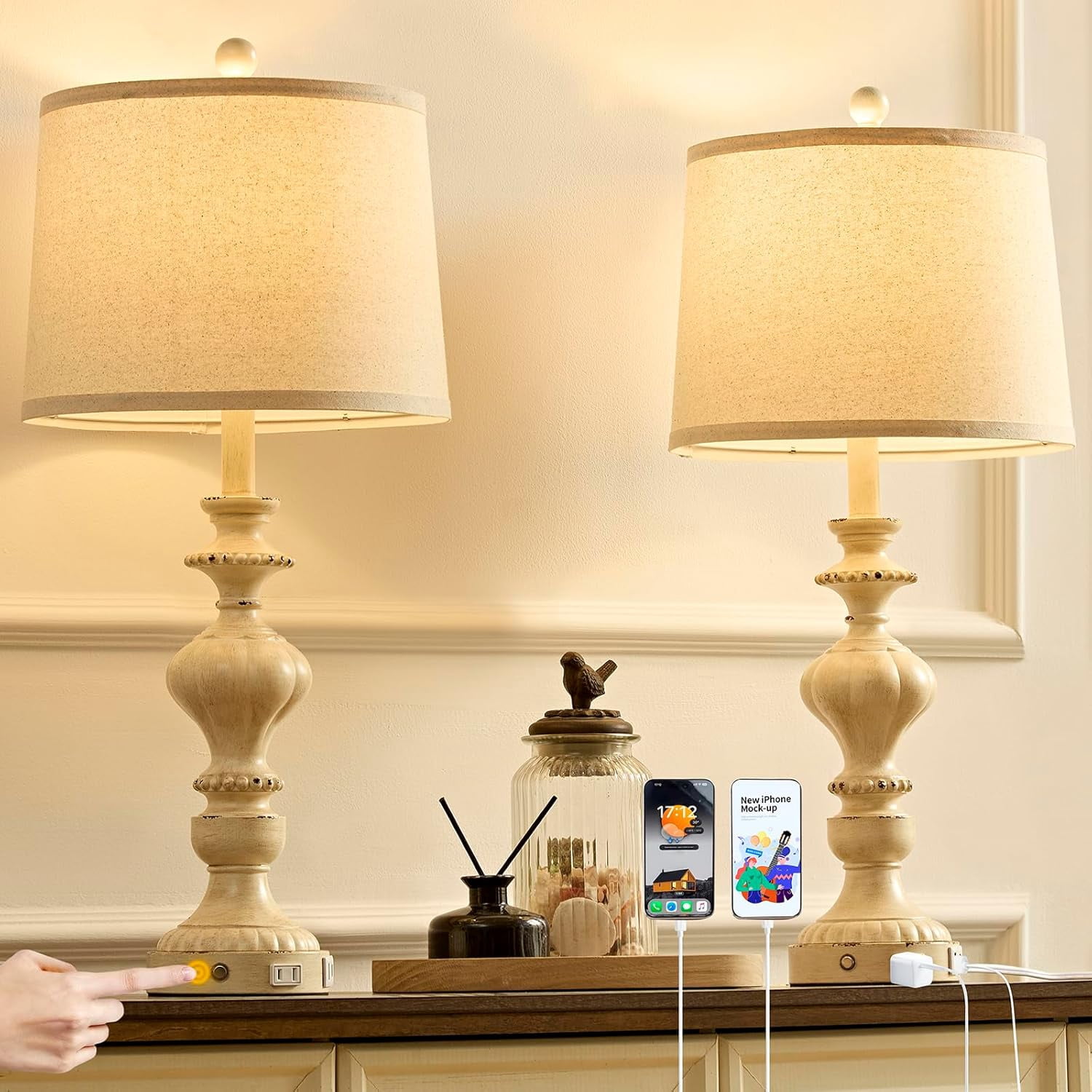 27.5" Farmhouse Table Lamps Set of 2 Bedside Nightstand Lamp with USB C ...