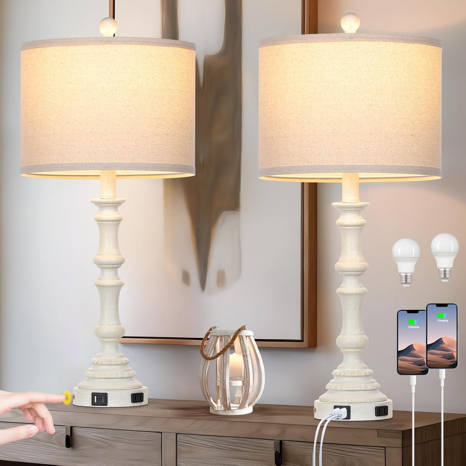27.5" Farmhouse Table Lamps Set of 2 with USB C+A Ports & AC Outlet for ...