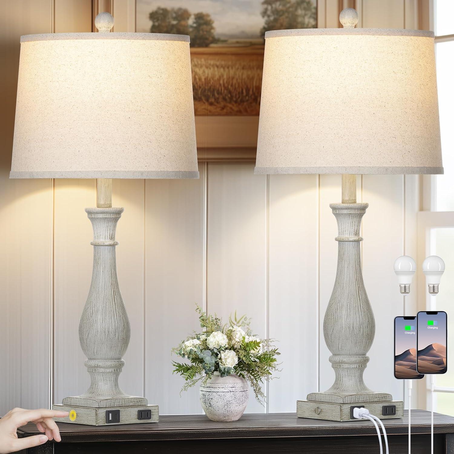 27.5" Farmhouse Table Lamps Set of 2 with USB C+A Ports & AC Outlet for ...