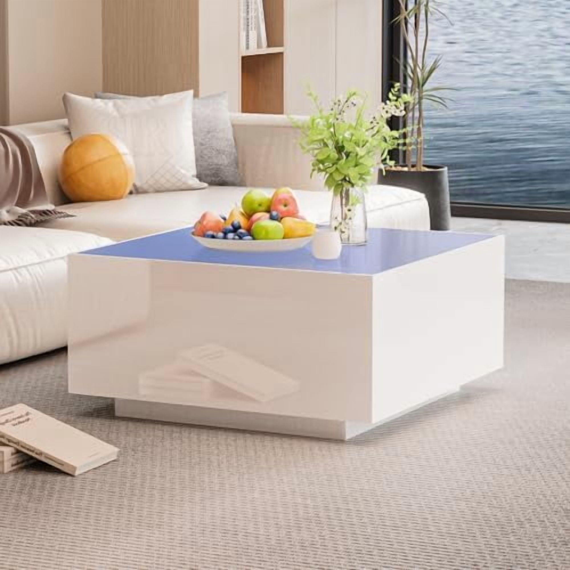 27.5” High Glossy Square Coffee Table with LED Strip Lights, Modern ...