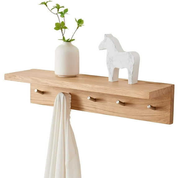 27.5-Inch Oak Wood Wall Shelf with 6 Hooks - Entryway Floating Coat ...