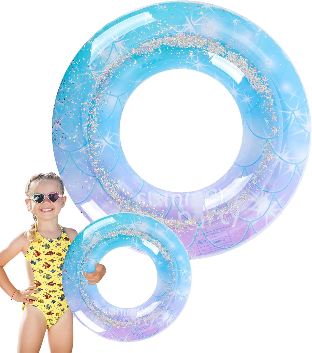 27.5 Inch Swimming Ring for Kids Rainbow Sky Blue Floating Sequins Swim ...